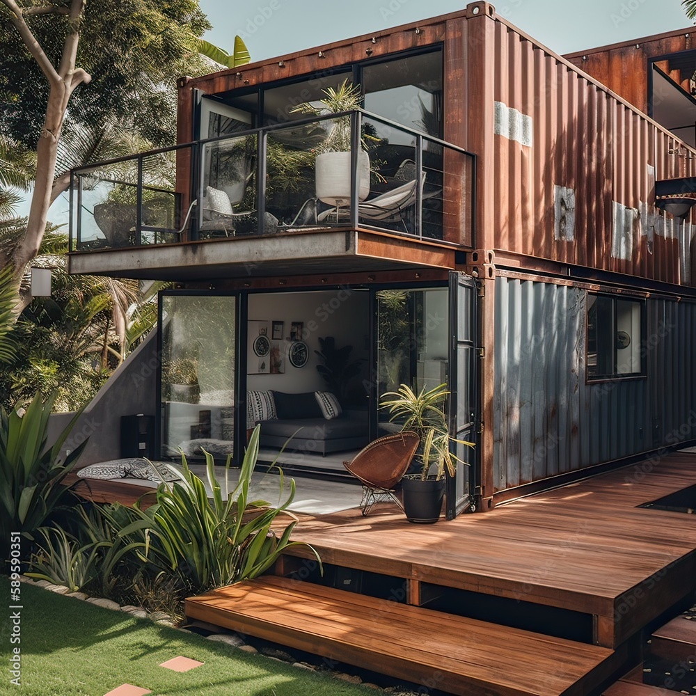 Modern metal building made from shipping containers and in forest and ...