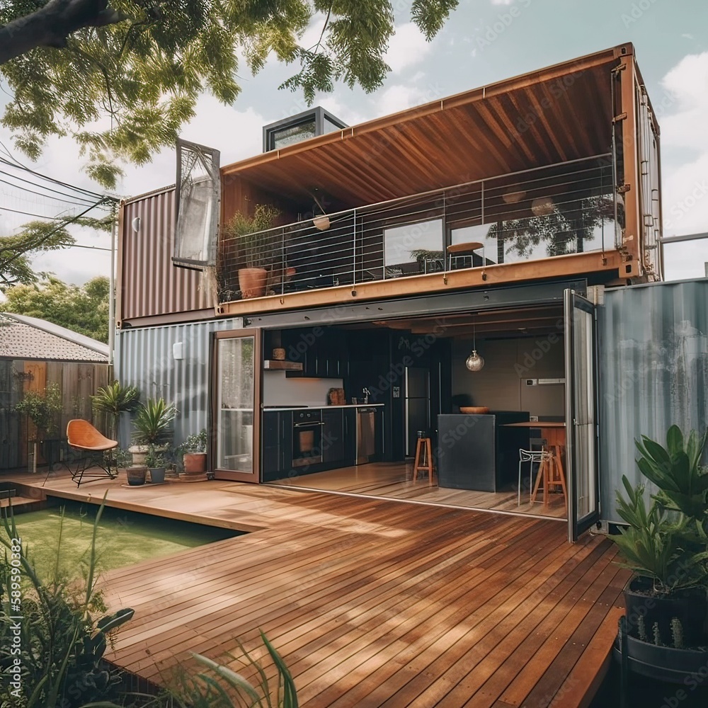 Modern metal building made from shipping containers and in forest and ...