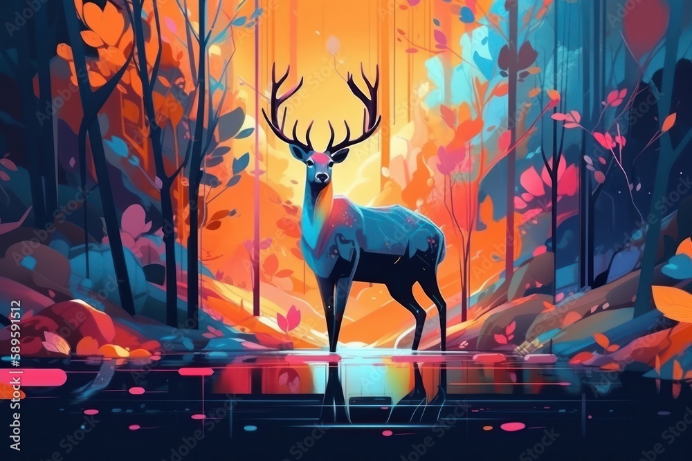 Deer art painting in a colourful forest, in the style of spatial ...