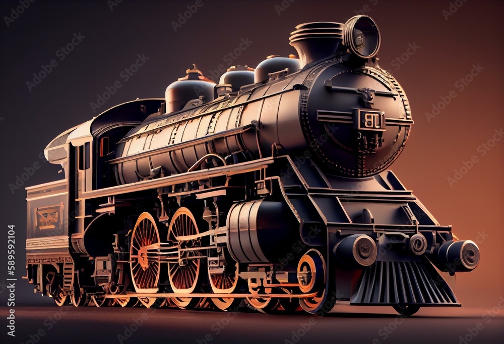 3d locomotive, bullet train with railroad tracks, steam train transport ...