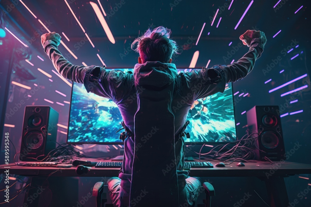 Young gamer playing video games at home with a computer and headphones ...