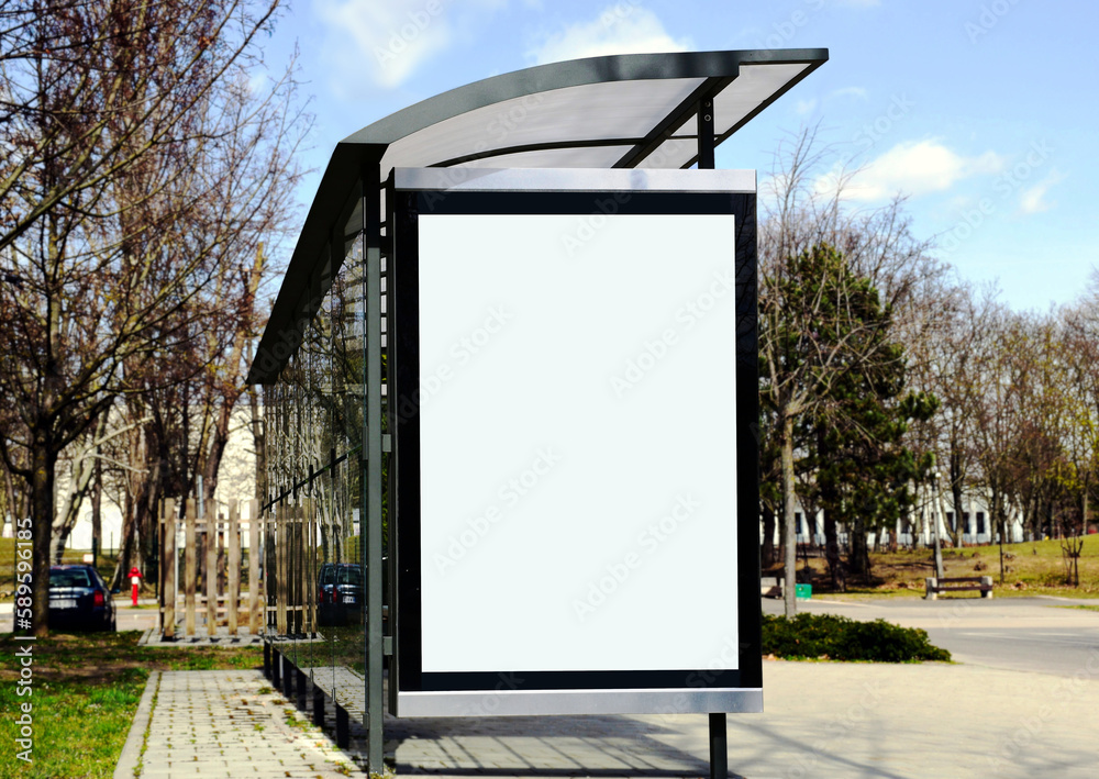 bus shelter at a busstop. blank billboard ad display. empty white ...