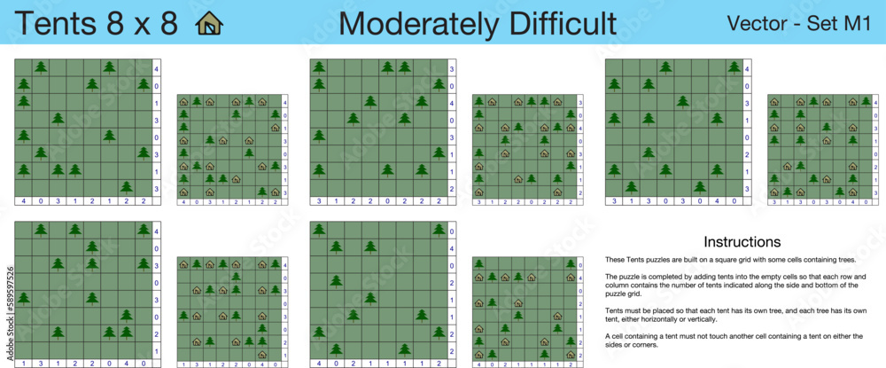 5 Moderately Difficult Tents 8 x 8 Puzzles. A set of scalable tents ...