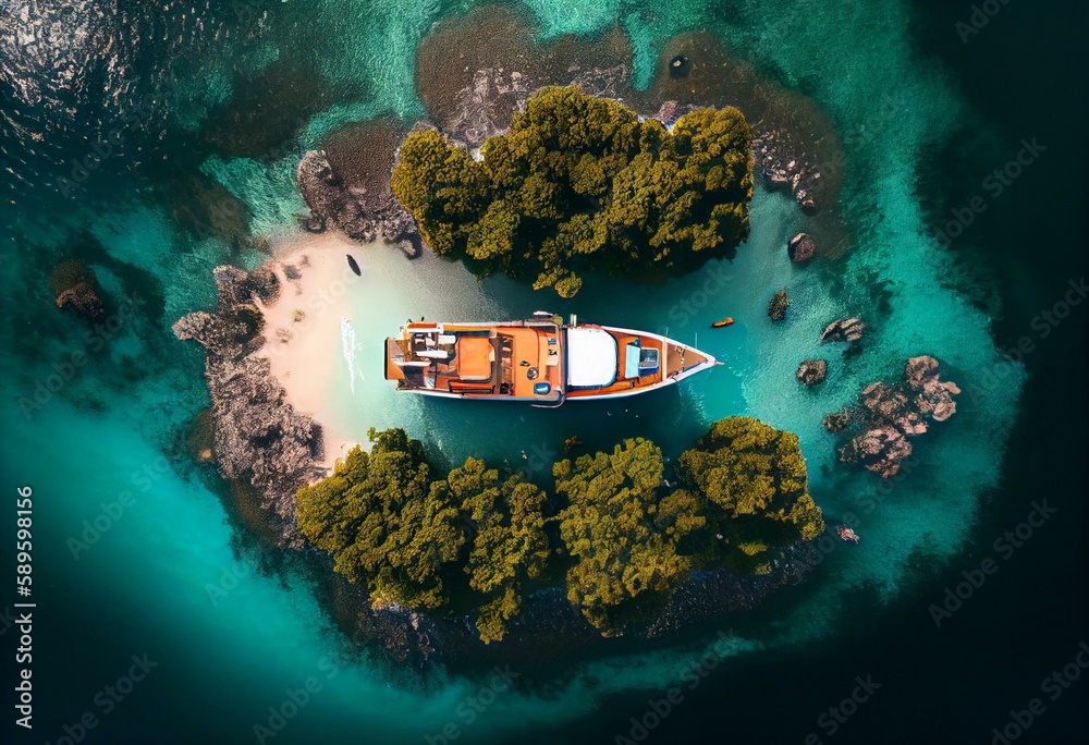 Aerial view of boat and remote tropical beach island paradise created ...