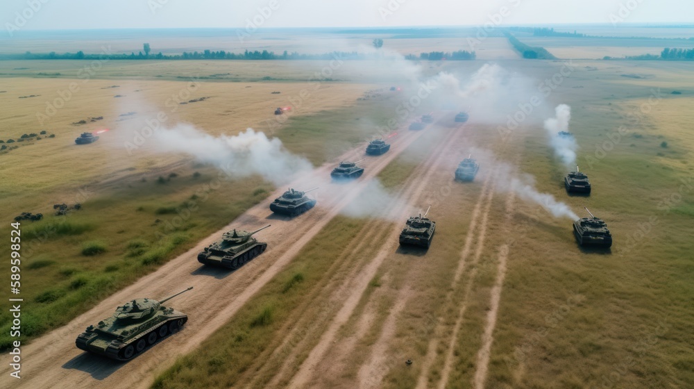 Tank column rides on the battlefield and shoots, top view, wide-angle ...