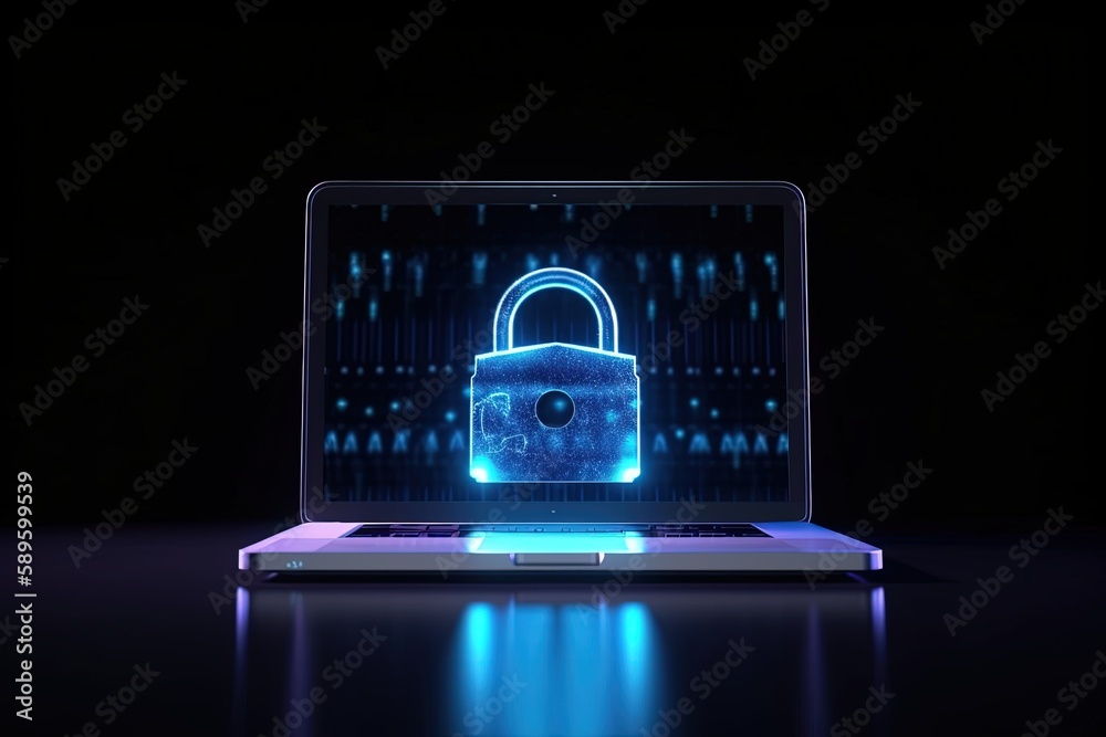Illustration of padlock on laptop screen, blue neon lights, data ...