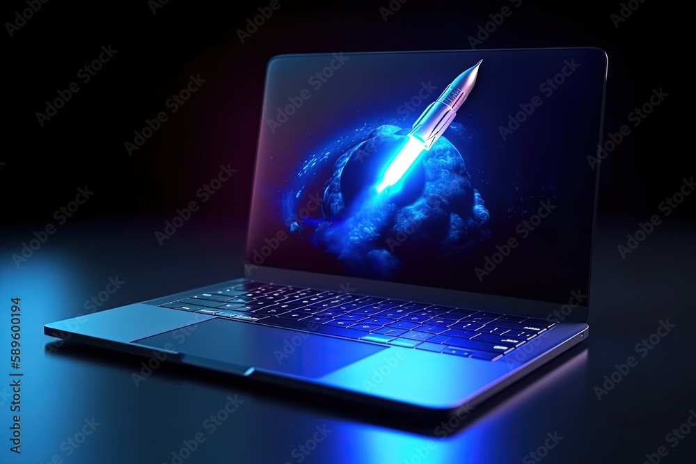 Rocket and laptop illustration, blue neon light, black background ...