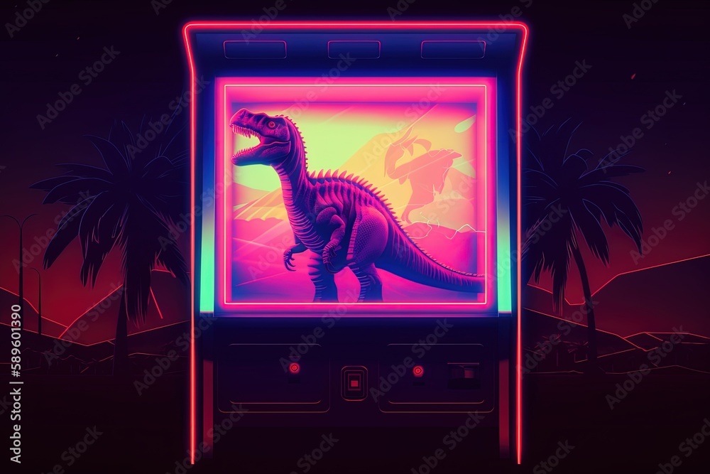 Dinosaur illustration on the screen of an arcade machine, retro 80's ...