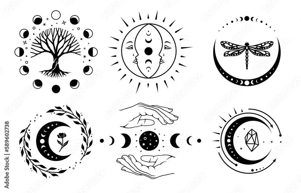 Moon phases silhouette, celestial magic sign. Set of crescent moon ...