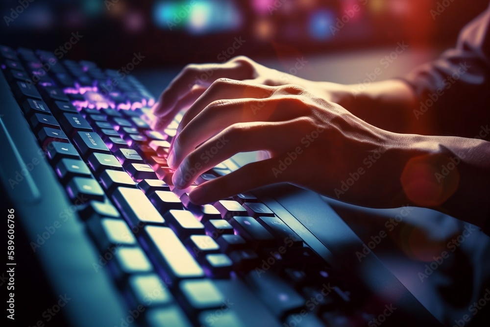 Manos escribiendo en teclado futurista, tecleando, manos programando ...