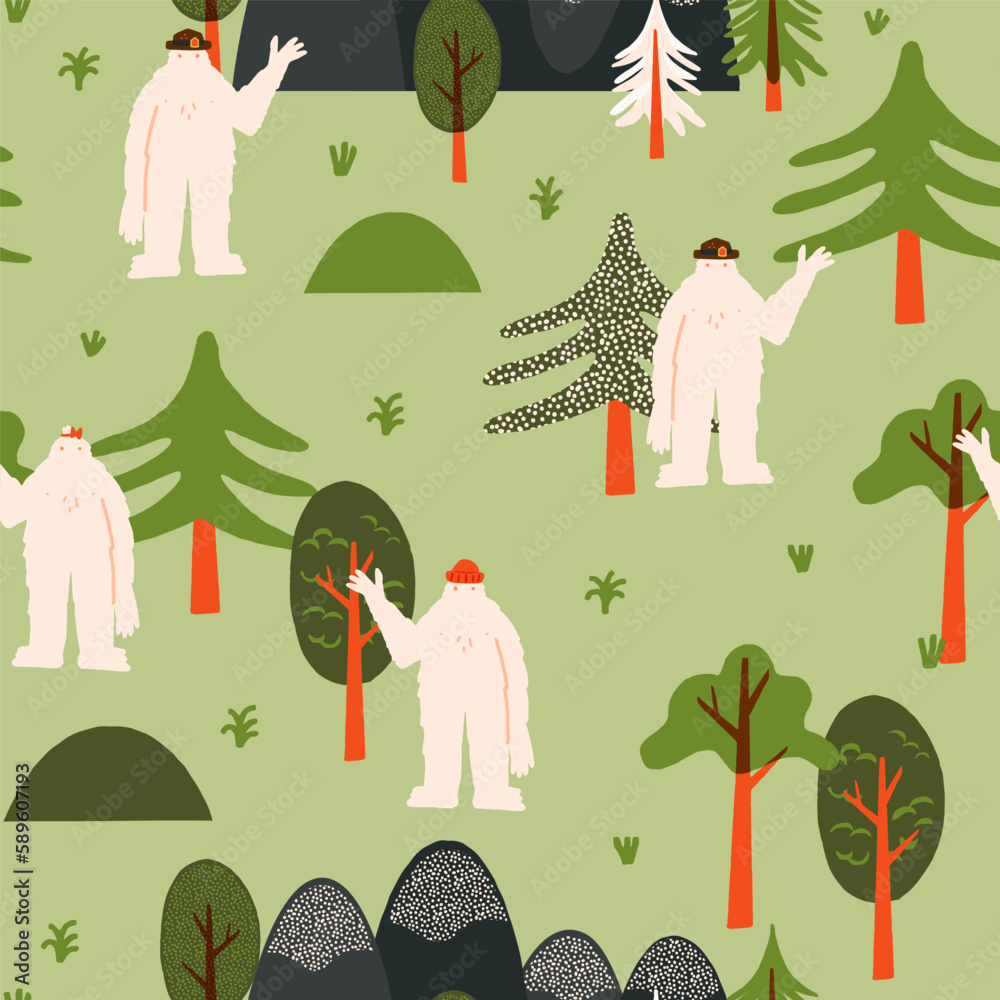 Cute waving Yeti vector seamless pattern. Various Yeti characters ...