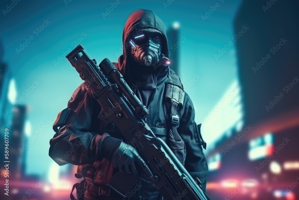 Armed super soldier with supersonic gun in the cyber city. Generative ...