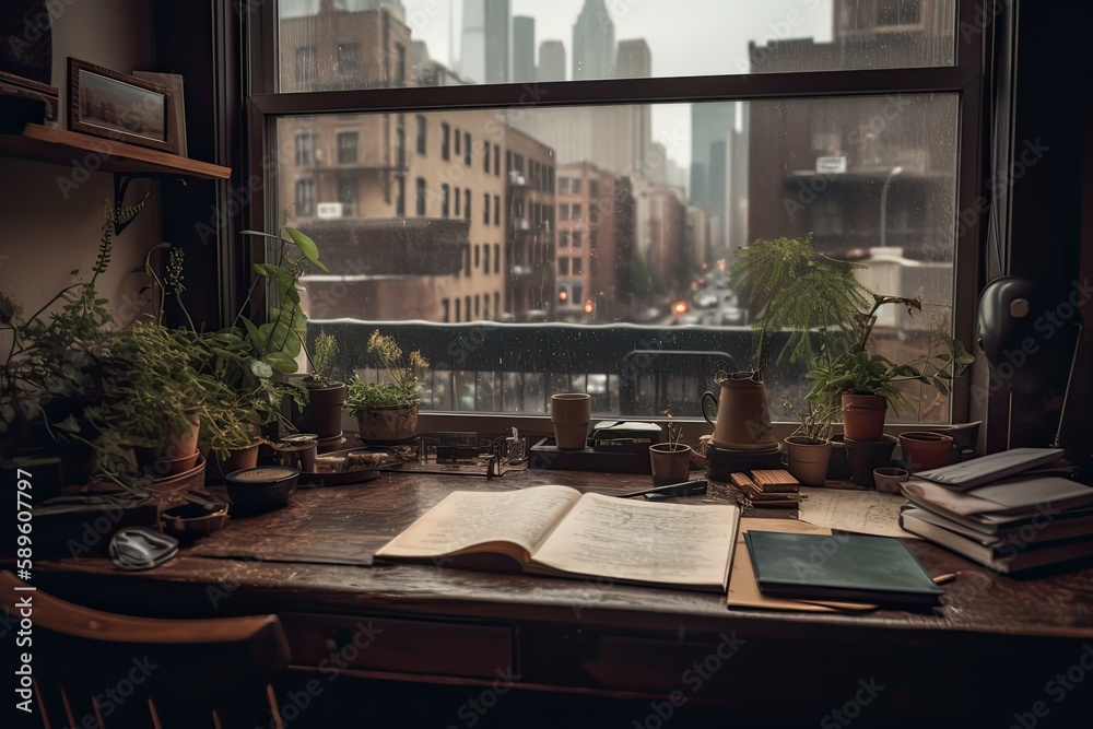View from a plant-cluttered desk out a window into a rainy city ...