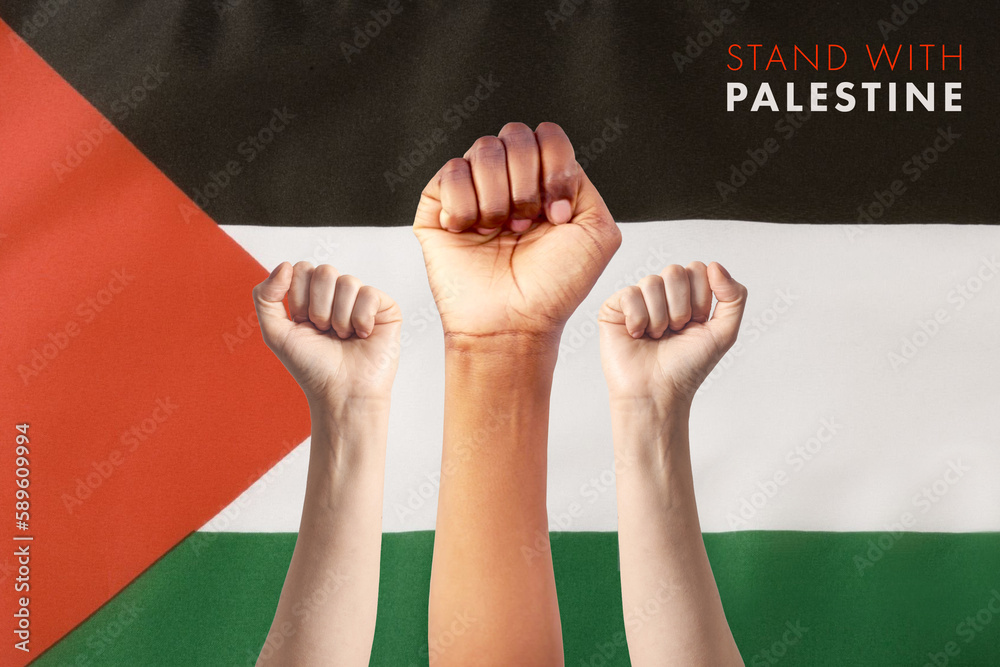 Save Palestine, we stand with Palestine. Flag of Palestine with fist to ...