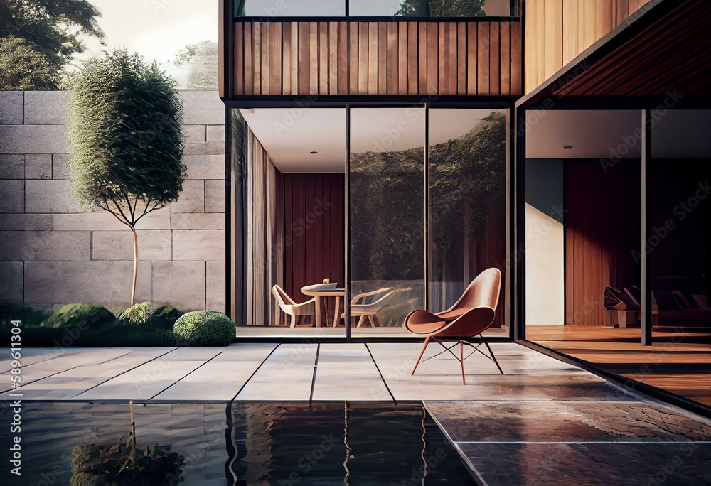 Modern contemporary swimming pool terrace 3d render, There are concrete ...