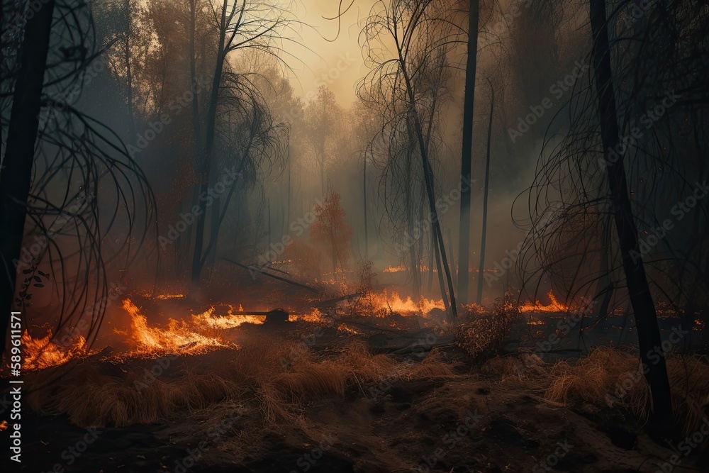 Forest wildfire with Intense flames from a massive forest fire. Flames ...
