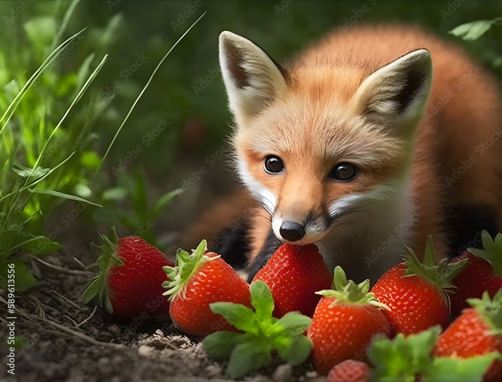 Baby fox eating strawberry fruits in the jungle. Concept of animal ...