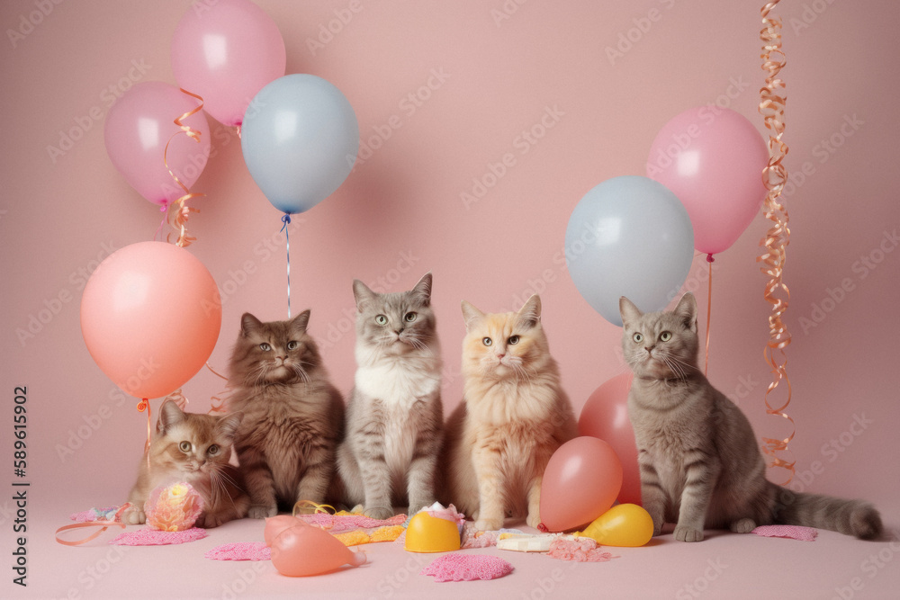 Crazy animal birthday party, balloons, confetti and party for pets. The ...