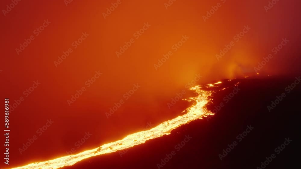 Crazy flyover above lava river flowing from crater on Hawaii Island ...