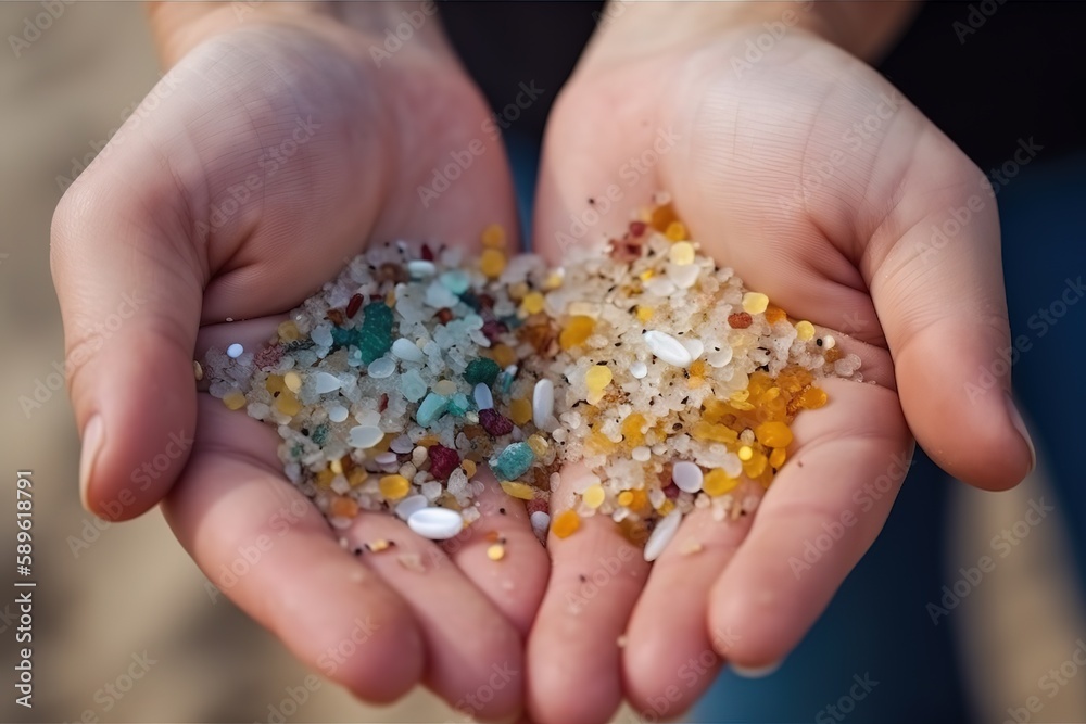 Close - up side shot of hands shows microplastic waste contaminated ...