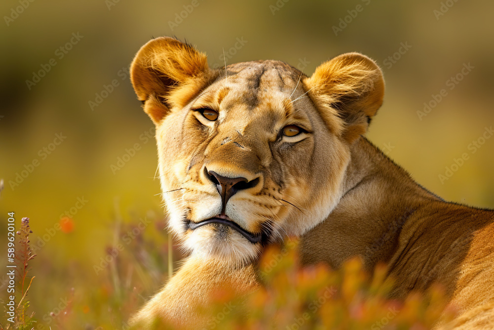 Beautiful lioness in the wild. Lioness in the meadow. Wild african ...