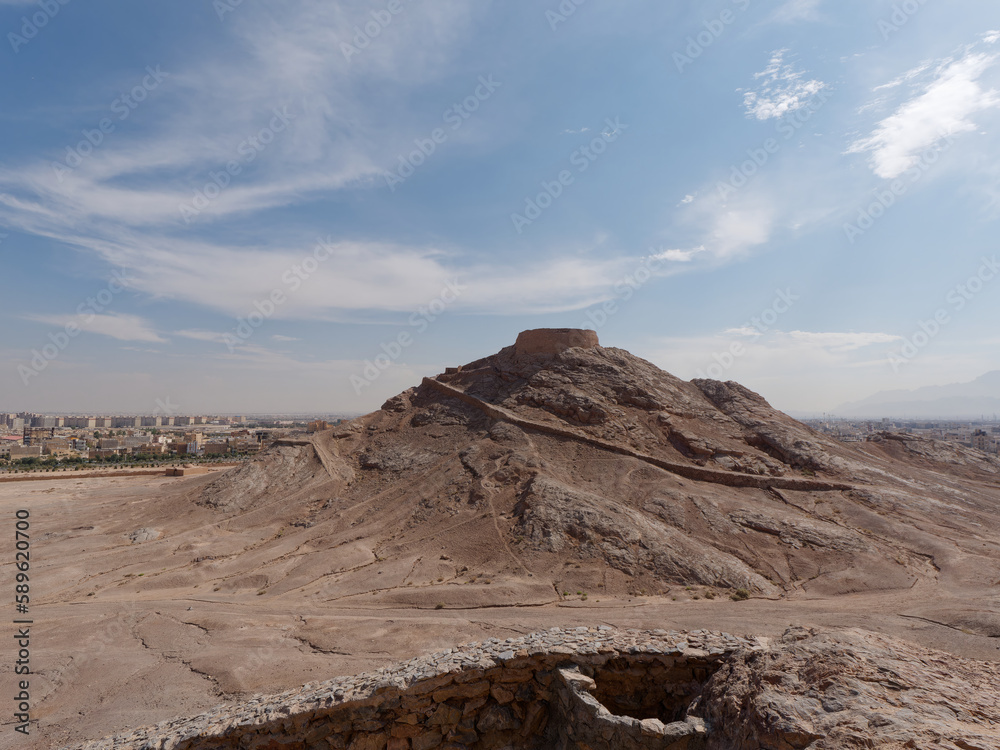 View of the ancient Zoroastrian Tower of Silence (Dakhma) a traditional ...