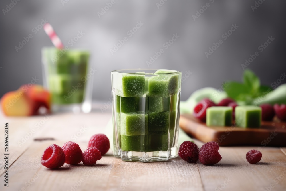 Dissolvable smoothie drink made from frozen compressed fruit cubes. AI ...