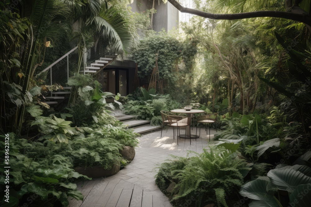 Biophilic design garden interior with a lot of greenery plants in yard ...