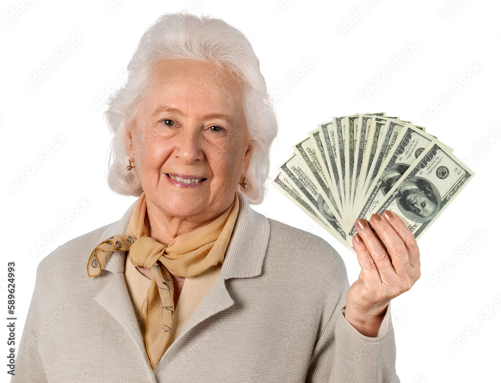 Portrait of old Woman Showing Money, Isolated on Transparent Background ...