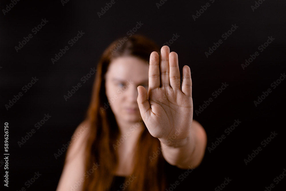 Serious woman show personal boundaries putting palm forward. Female ...