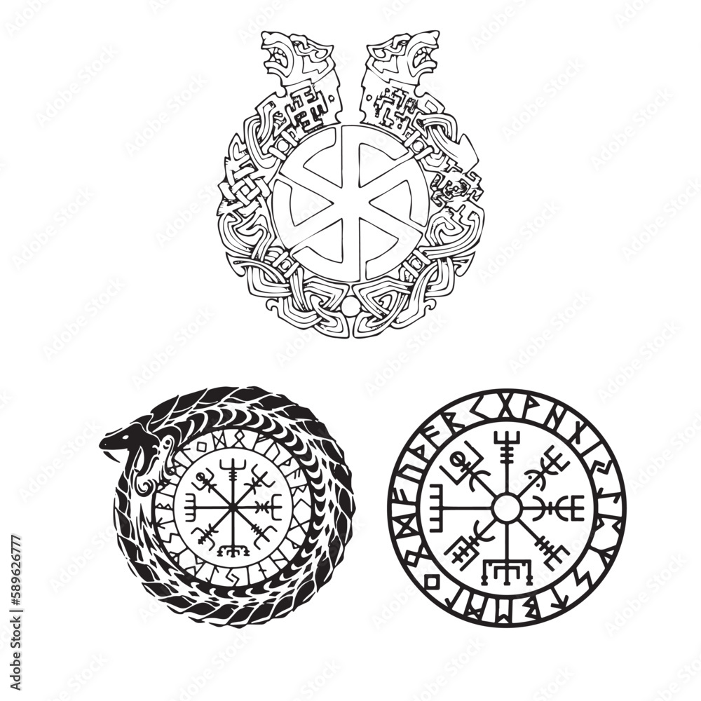 The wheel of samsara, ancient Slavic symbols and signs. Vector black ...