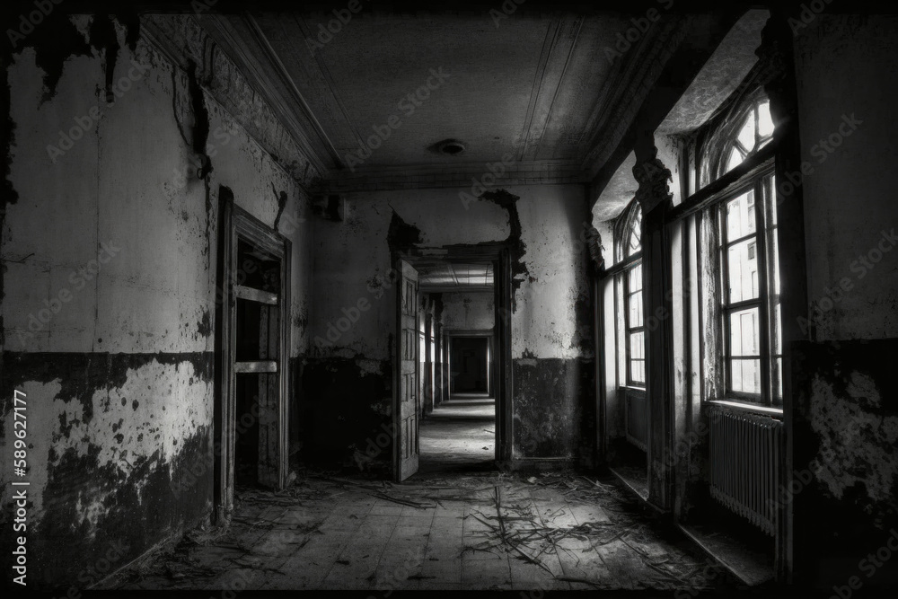 An eerie abandoned asylum, broken windows and rusted metal adorn the exterior, Illustration ...