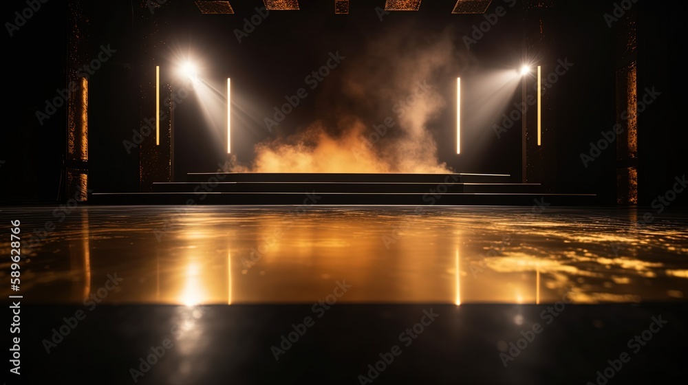 fire and smoke, spotlights shine on stage floor in dark room with ...