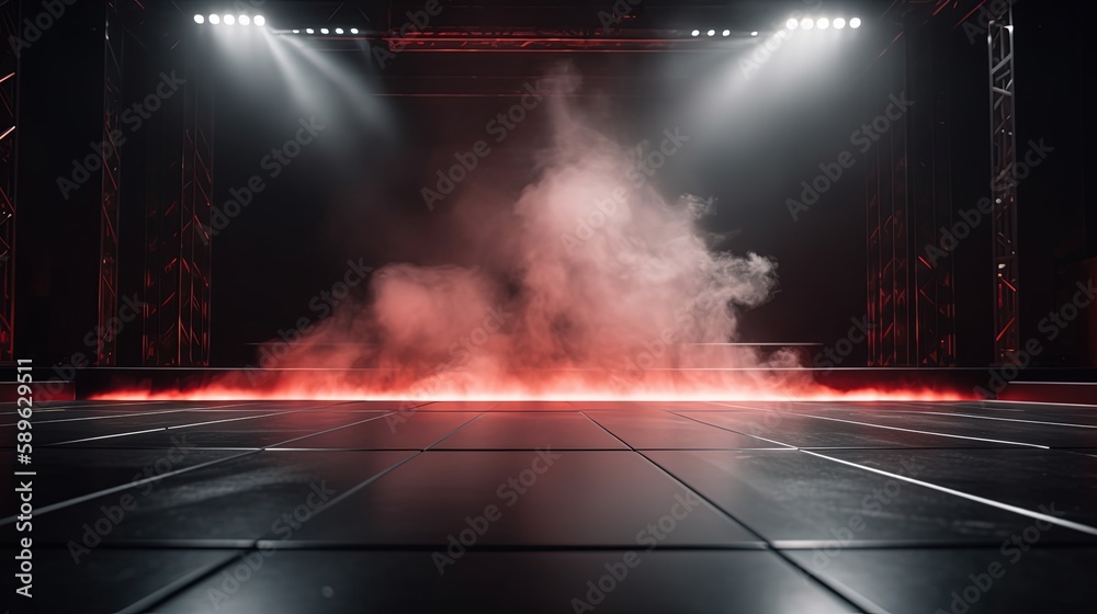 fire and smoke, spotlights shine on stage floor in dark room with ...