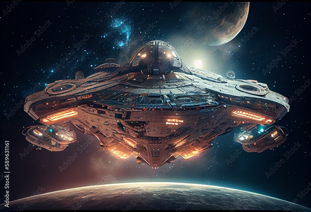 Alien spaceship in the Universe, spacecraft flying in deep space with ...