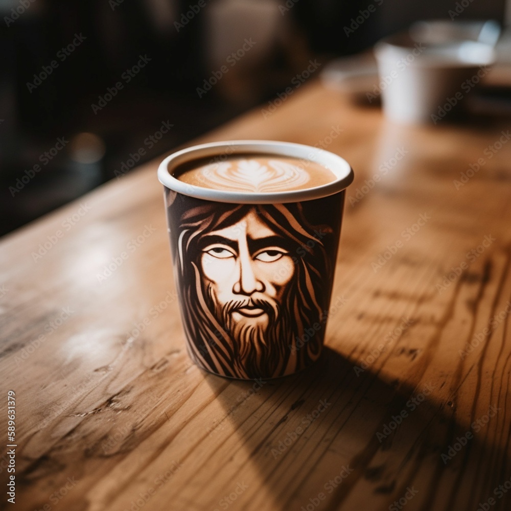 Jesus Christ created in coffee milk art. The milk froth has been ...