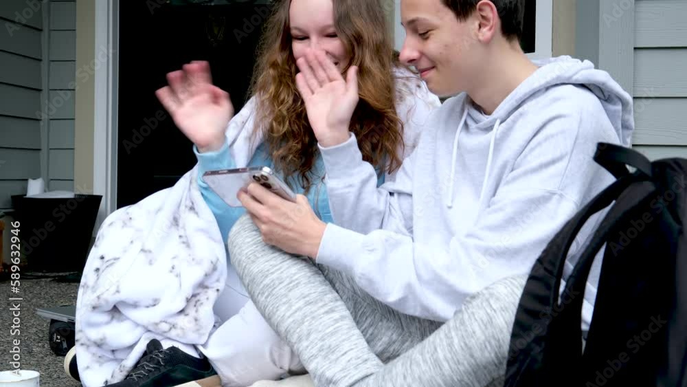 conversation online boys girl look at phone waving hands joking waving ...