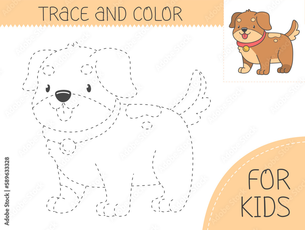 Trace and color coloring book with dog for kids. Coloring page with ...