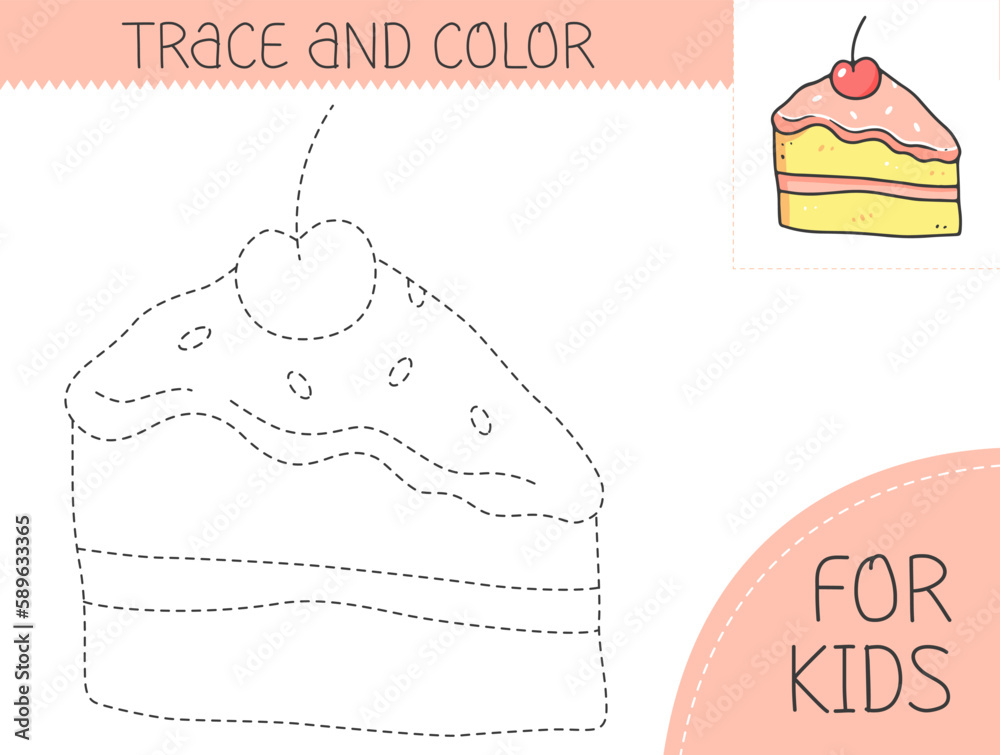 Trace and color coloring book with piece of cake for kids. Coloring ...