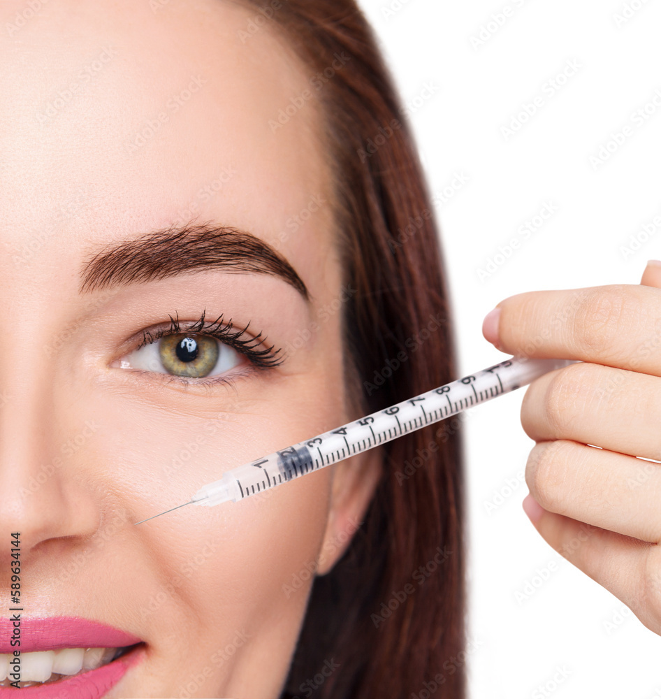 Beautiful woman has an injection in nasolabial fold. Stock Photo ...