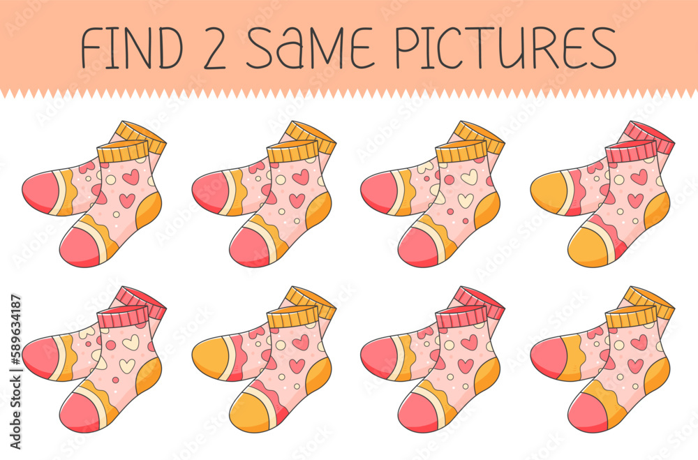 Find two same pictures is an educational game for kids with socks. Cute ...