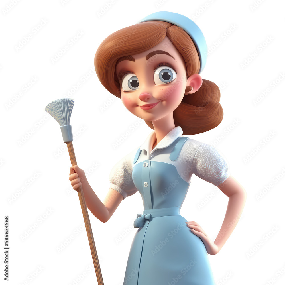 3D icon cute Young woman housewife cleaning the floor with a mop ...
