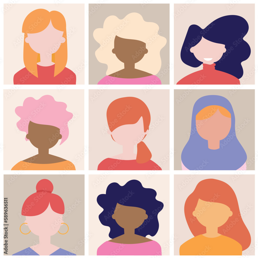 Collection of profile portraits or heads of female characters. Various ...