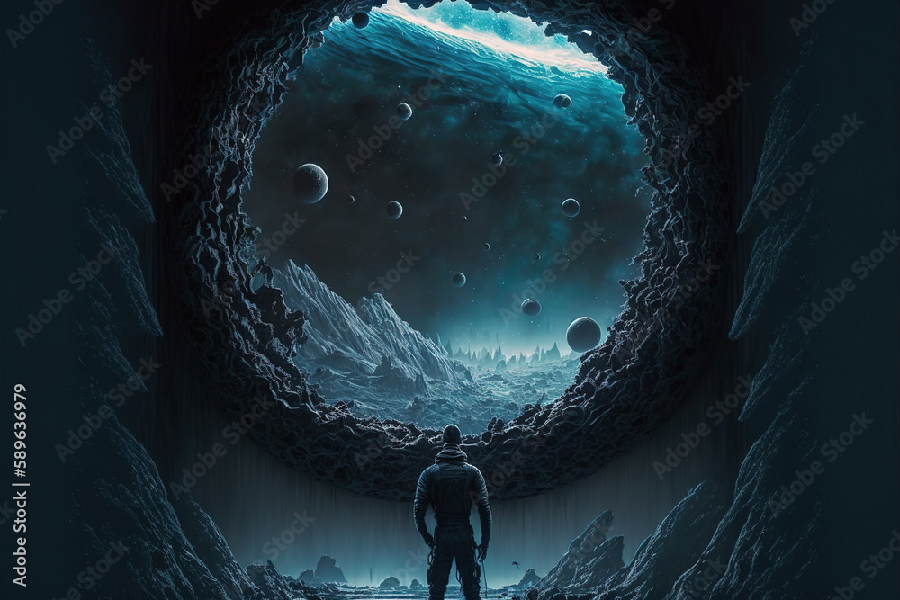 Spaceman travel through the space with mysterious sci-fi fantasy portal ...