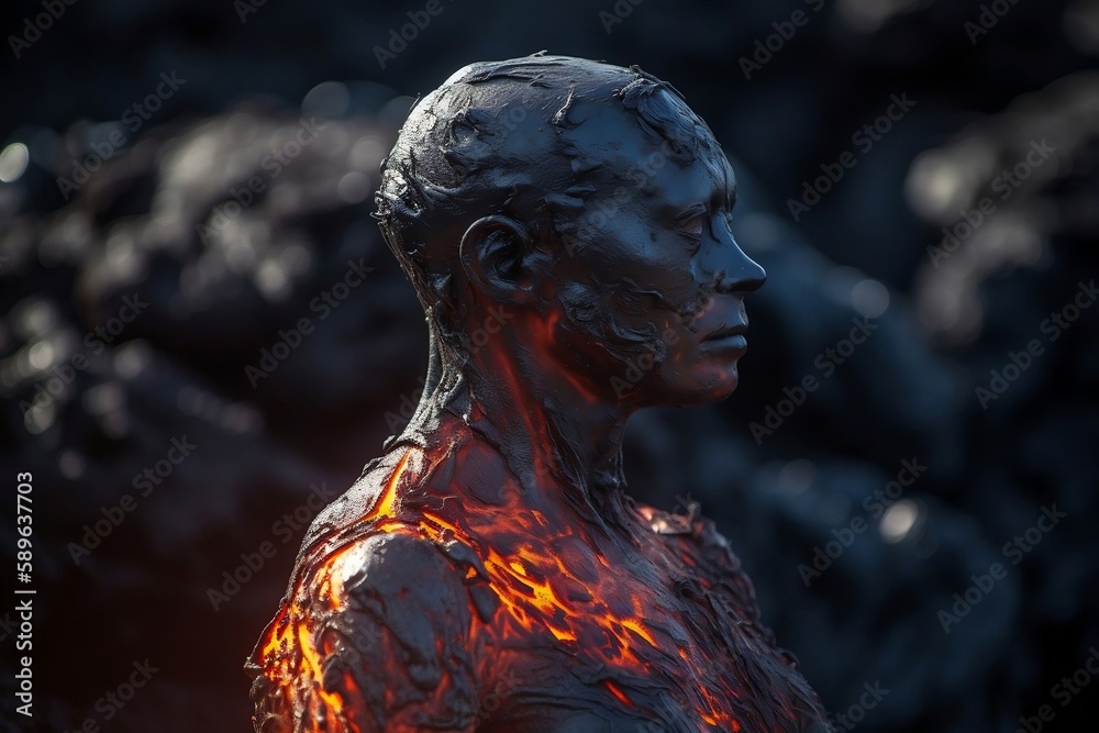 very dark black realistic woman's body in lava, calcinated ashes skin ...