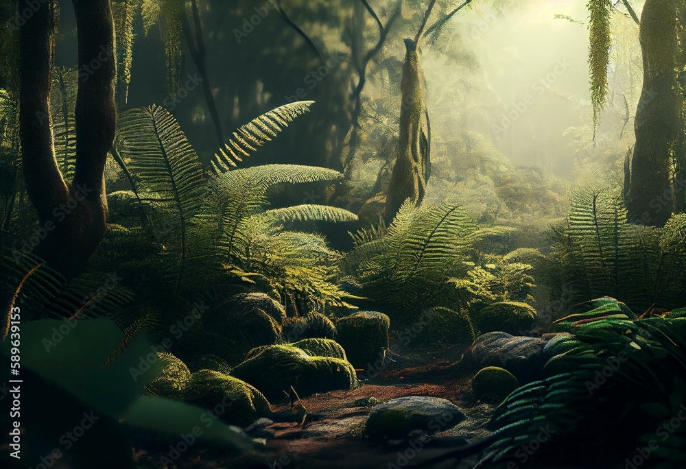 Prehistoric antediluvian forest landscape with primitive trees and ...