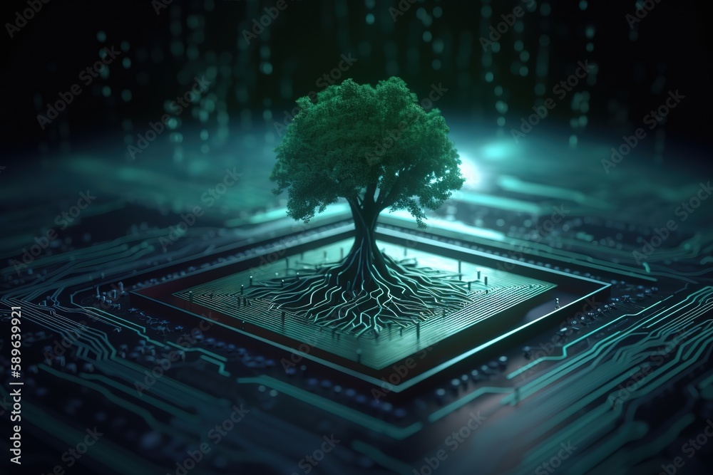 Tree with soil growing on the converging point of computer circuit ...