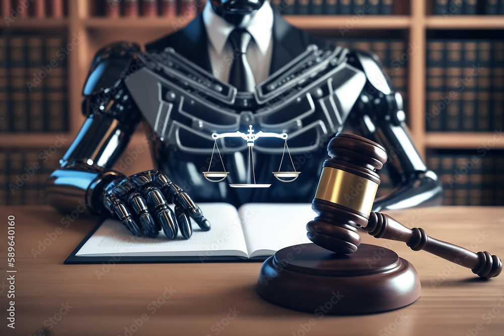 AI related law concept shown by robot hand using lawyer working tools ...