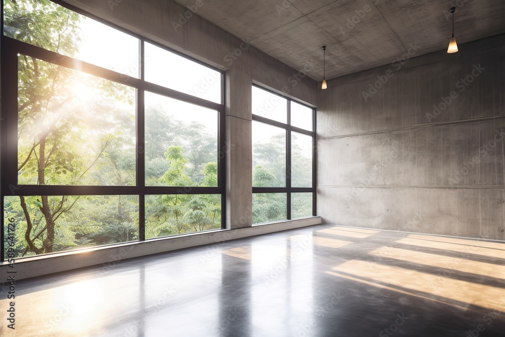 An empty loft space with a scenic view of nature, featuring polished ...