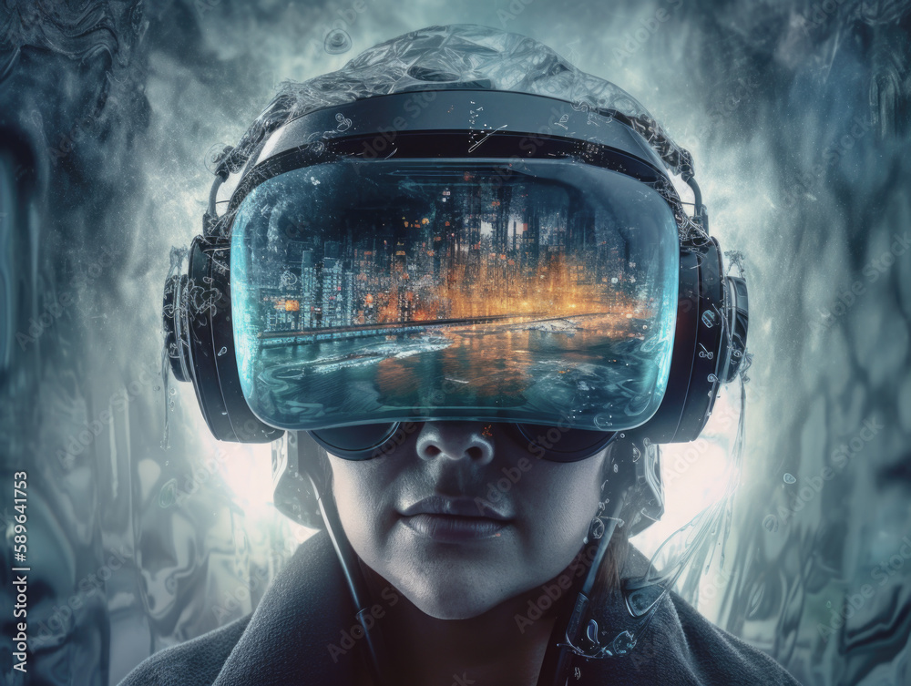 Double exposure of woman and futuristic holographic interface to ...